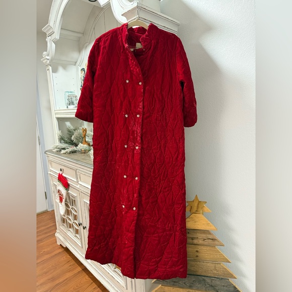 Intimates & Sleepwear | Vintage Red Quilted Velvet Long House Coat Rope ...